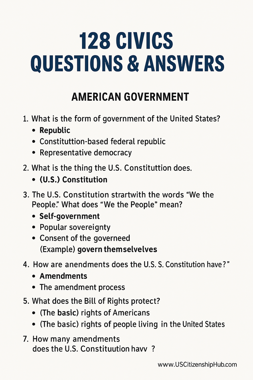 128 Civics Questions In Order (2026 Editon) – US Citizenship Hub